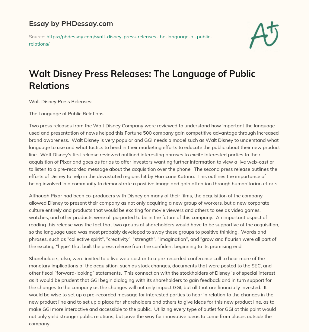 Walt Disney Press Releases: The Language of Public Relations - PHDessay.com
