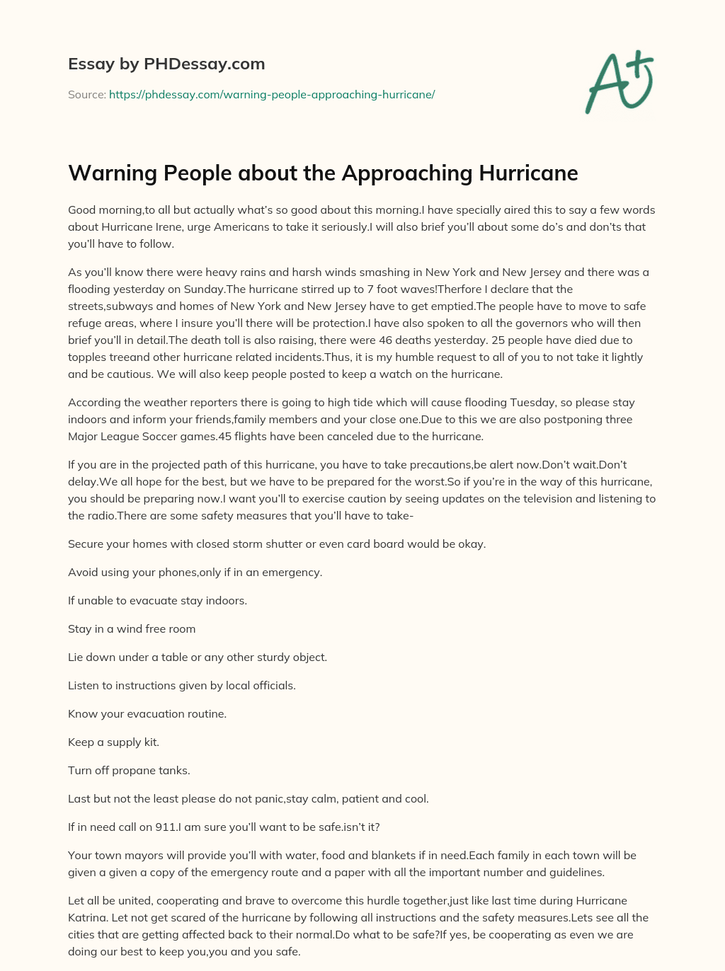 Warning People about the Approaching Hurricane (500 Words) - PHDessay.com