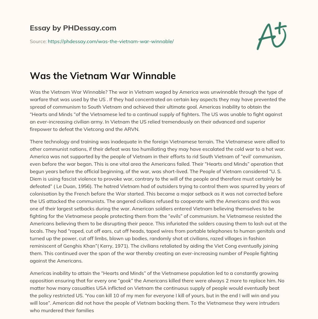 Was the Vietnam War Winnable - PHDessay.com