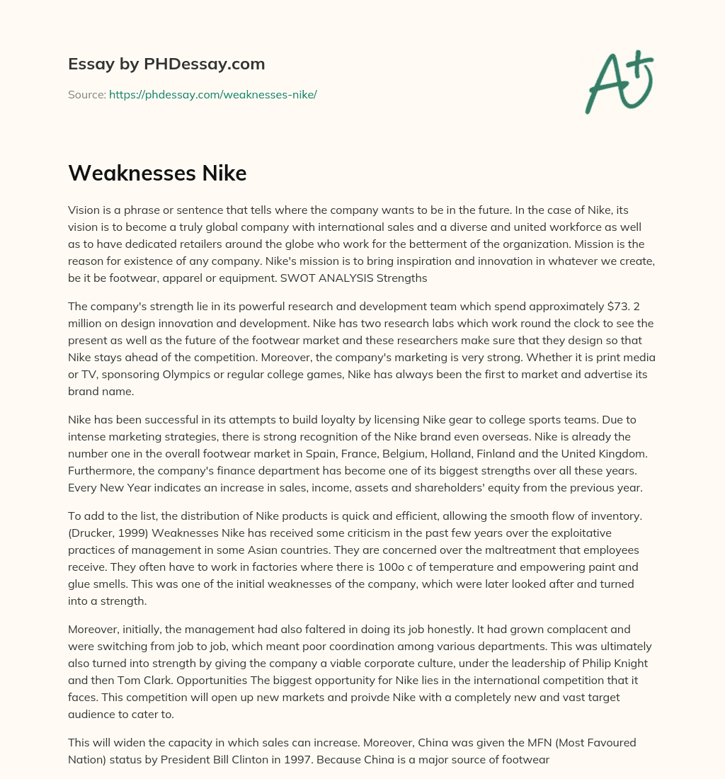 Weaknesses Nike (600 Words) - PHDessay.com