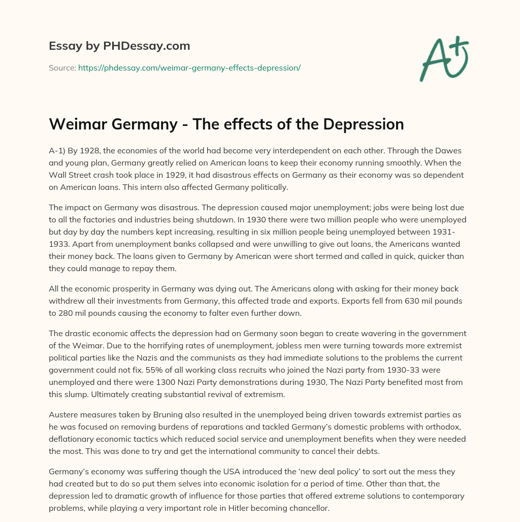 Weimar Germany - The effects of the Depression (400 Words) - PHDessay.com