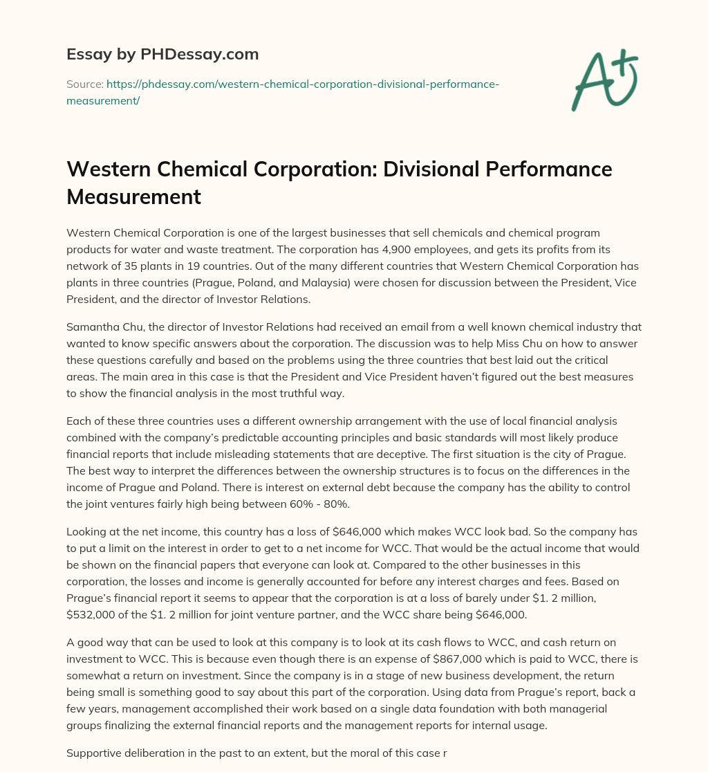 Western Chemical Corporation: Divisional Performance Measurement ...