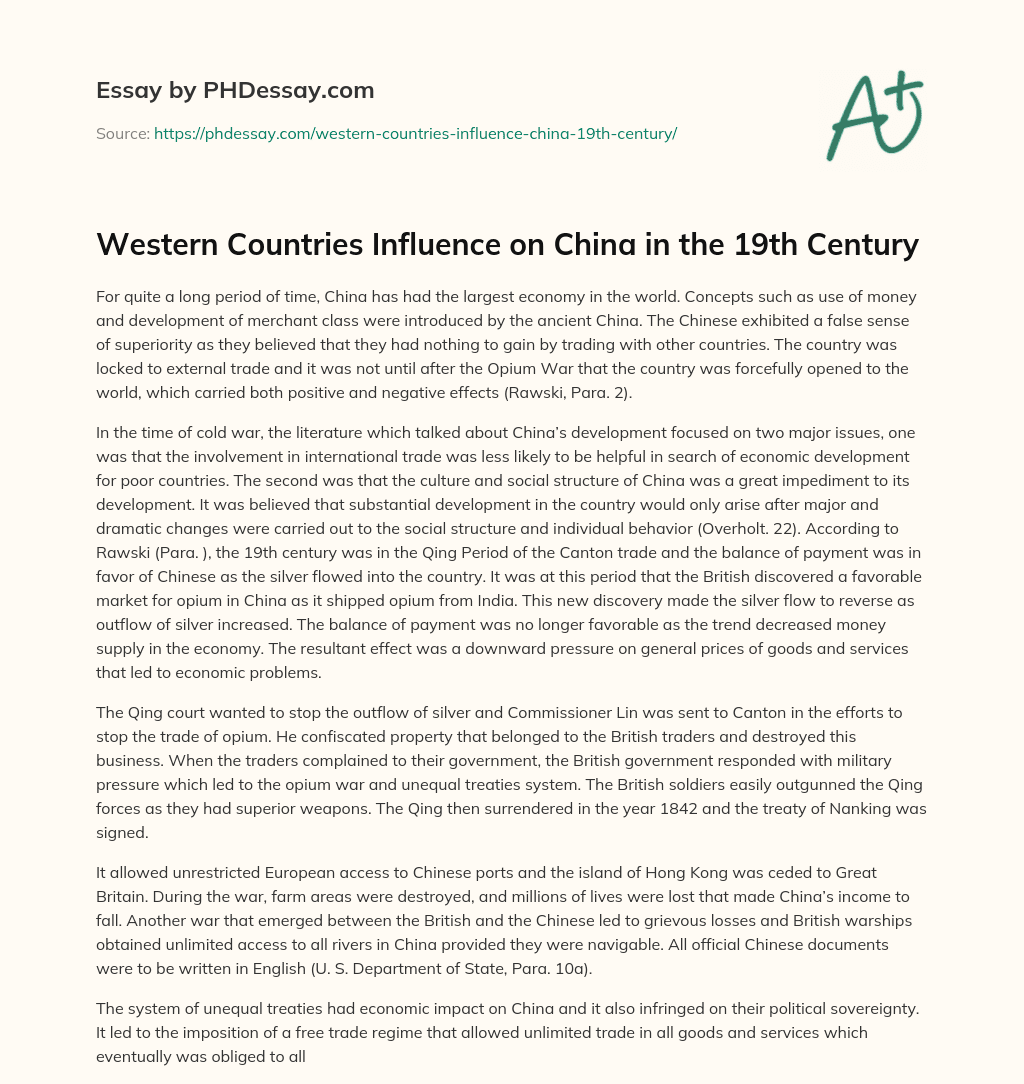 Western Countries Influence on China in the 19th Century - PHDessay.com