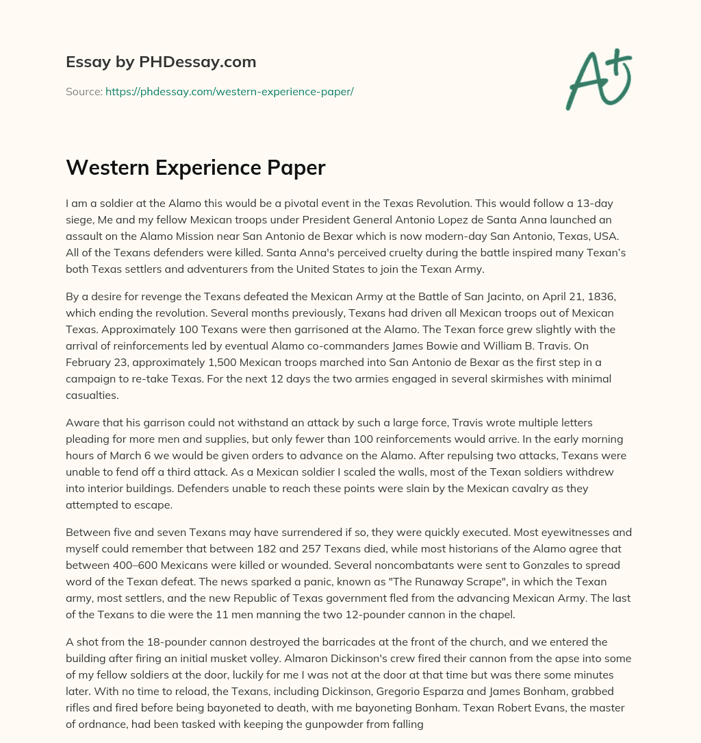 Western Experience Paper - PHDessay.com