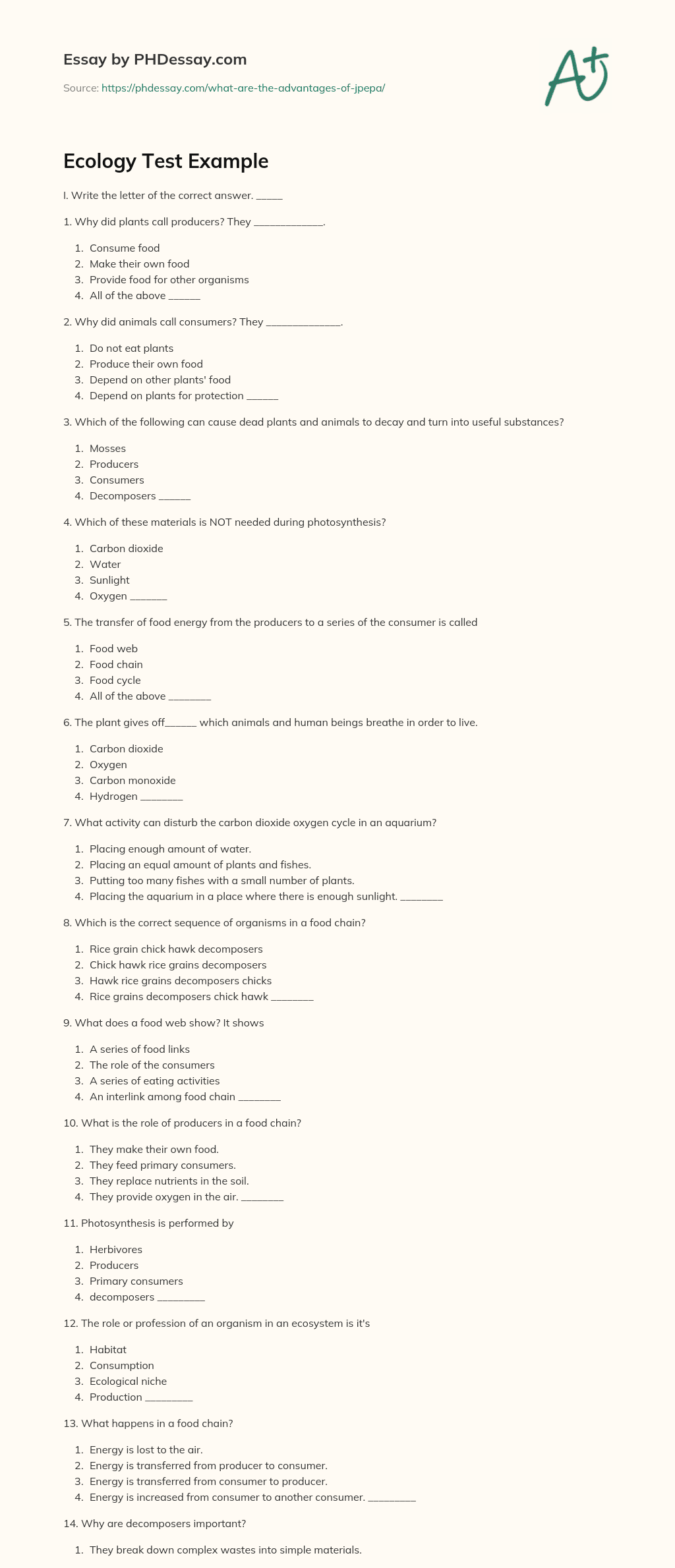 Ecology Test Example (500 Words) - PHDessay.com