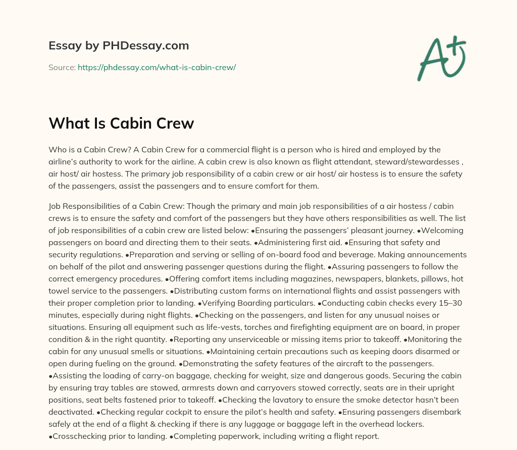 What Is Cabin Crew Essay Example (400 Words) - PHDessay.com