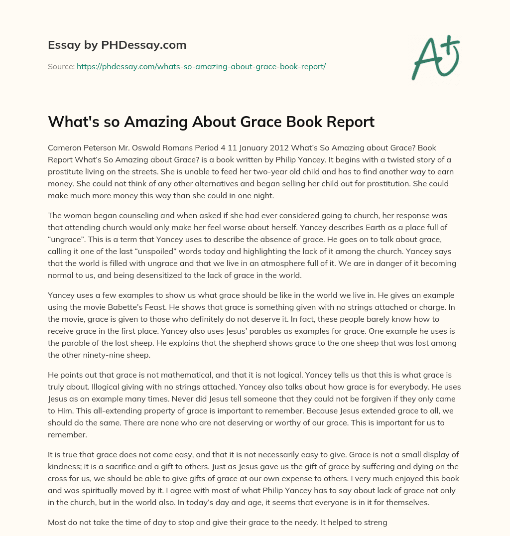What's so Amazing About Grace Book Report - PHDessay.com