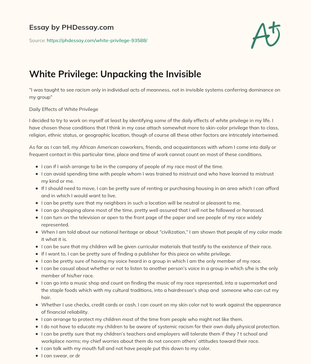 White Privilege: Unpacking the Invisible - PHDessay.com