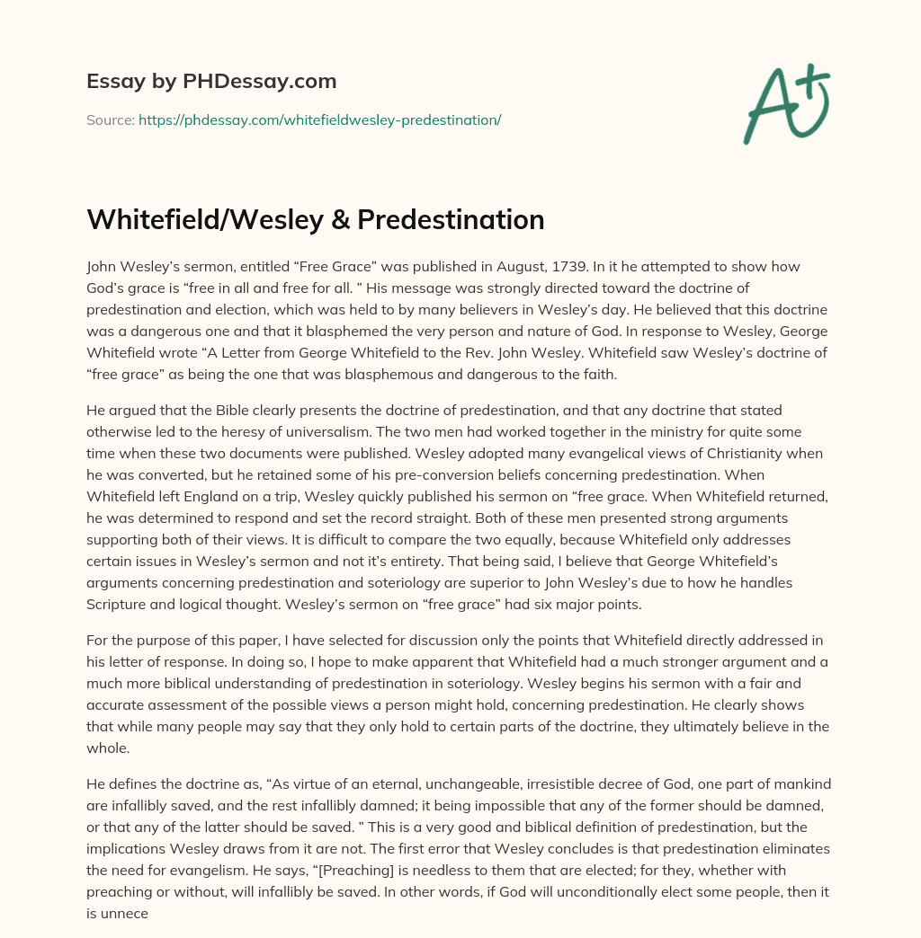 WhitefieldWesley & Predestination Essay Example - PHDessay.com