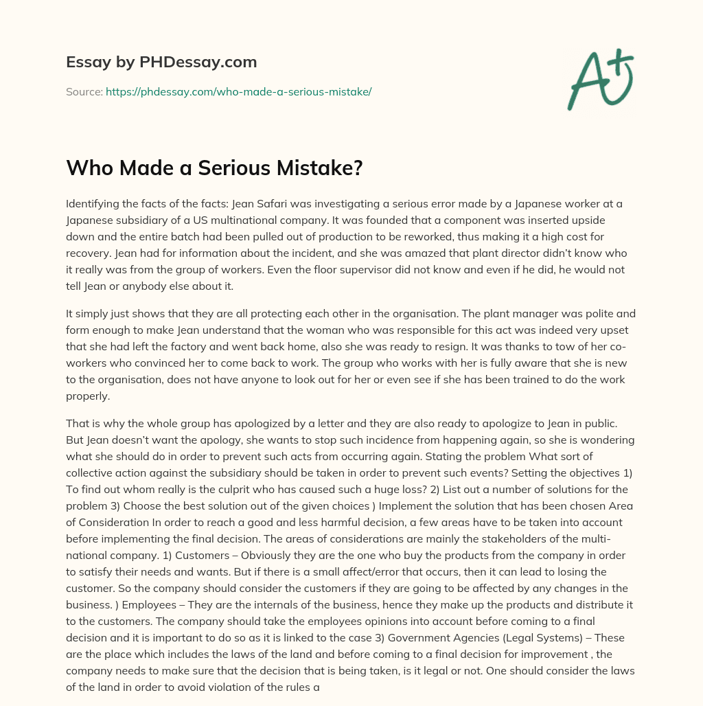 Who Made a Serious Mistake? - PHDessay.com