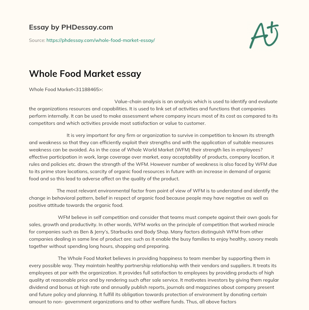 Whole Food Market essay (500 Words) - PHDessay.com