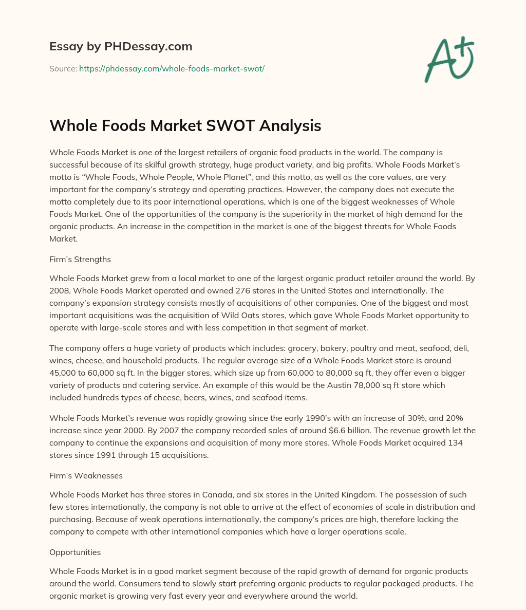 Whole Foods Market SWOT Analysis - PHDessay.com