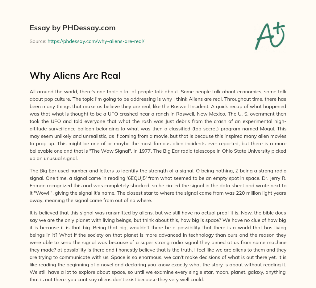 Why Aliens Are Real (500 Words) - PHDessay.com