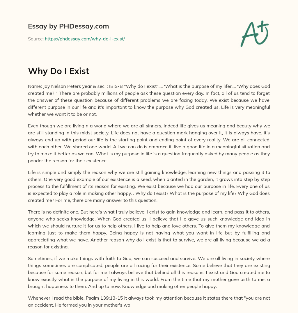 Why Do I Exist Essay Example PHDessay Why Do I Exist Essay Example PHDessay