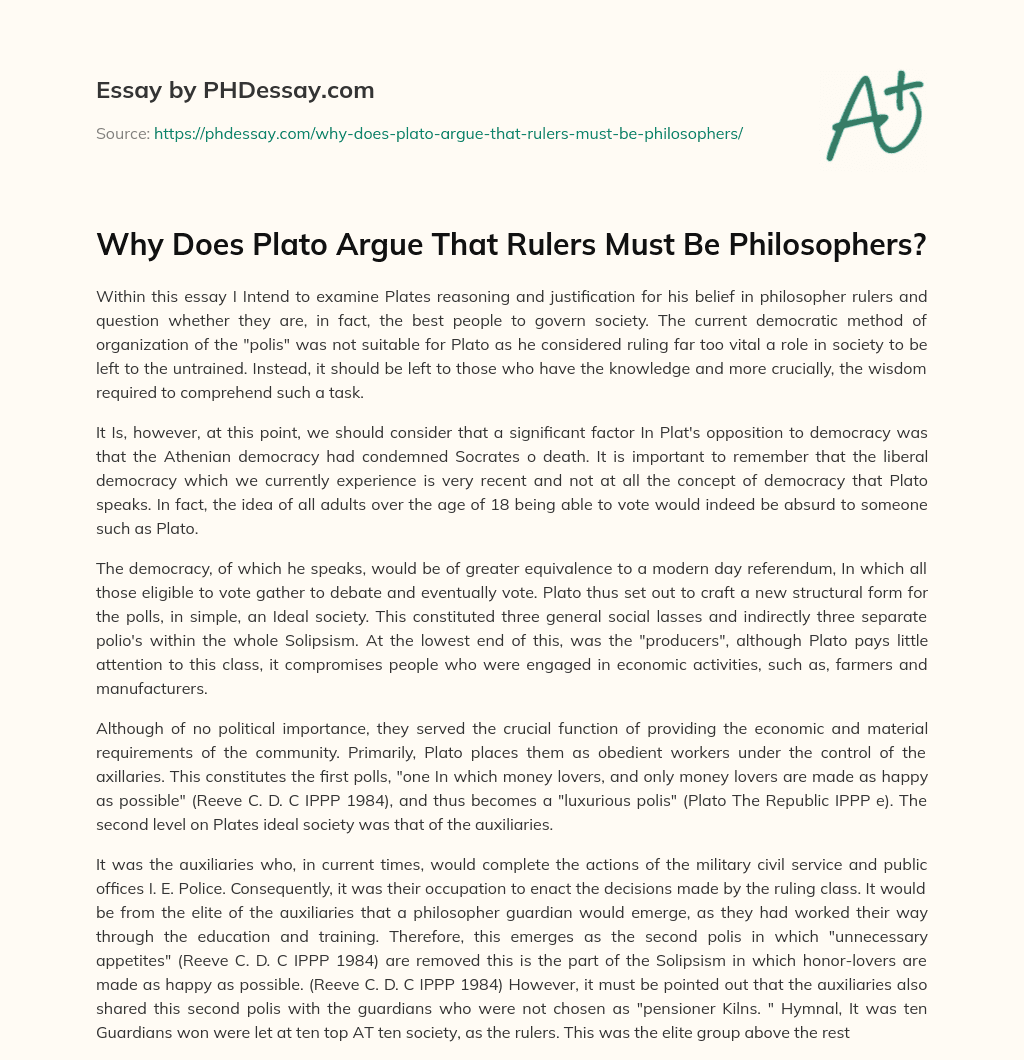 Why Does Plato Argue That Rulers Must Be Philosophers? - PHDessay.com