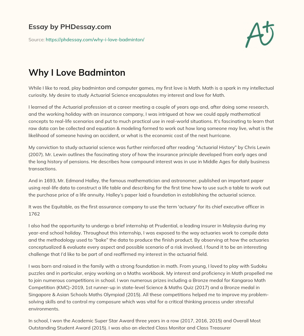 Why I Love Badminton - PHDessay.com