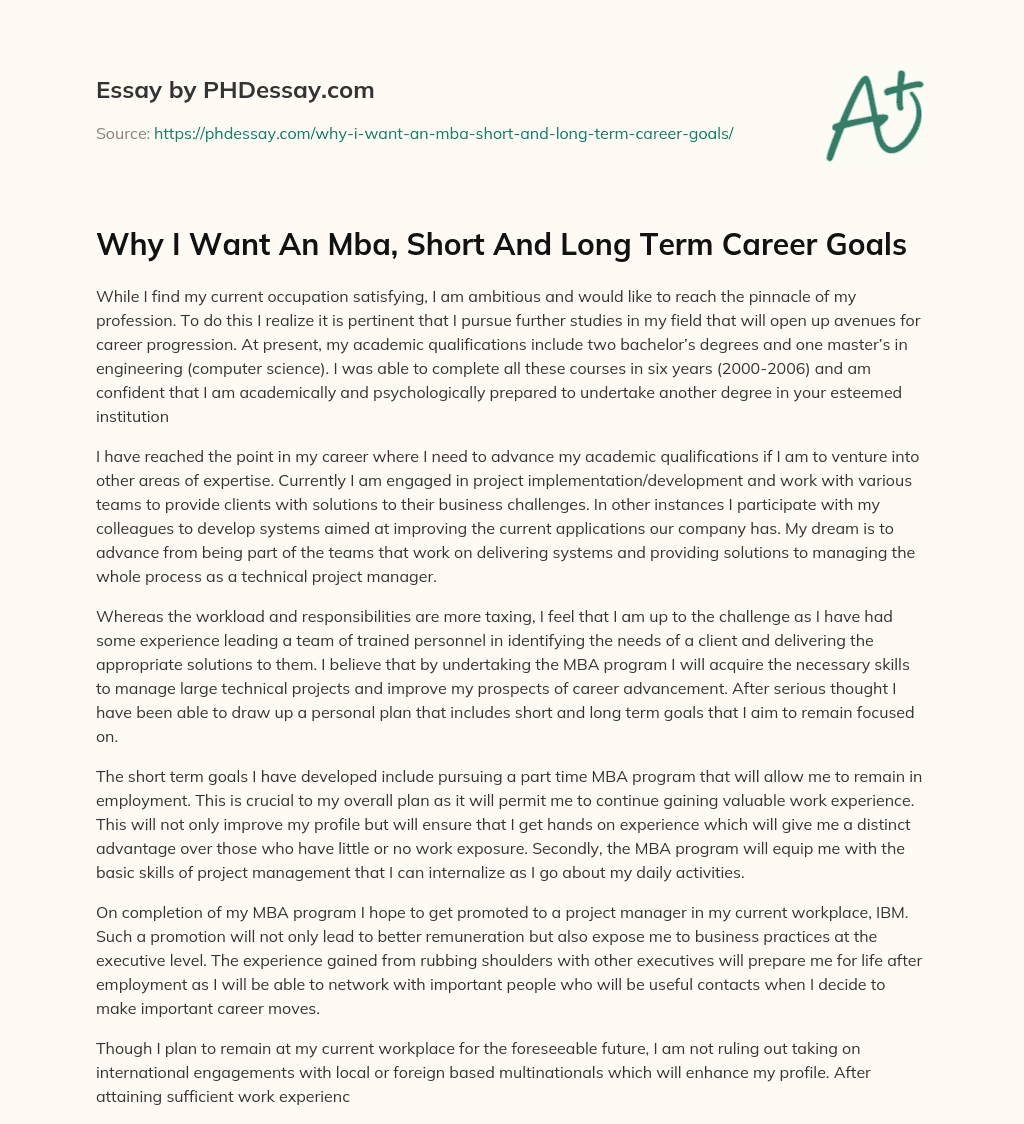 Why I Want An Mba, Short And Long Term Career Goals - PHDessay.com