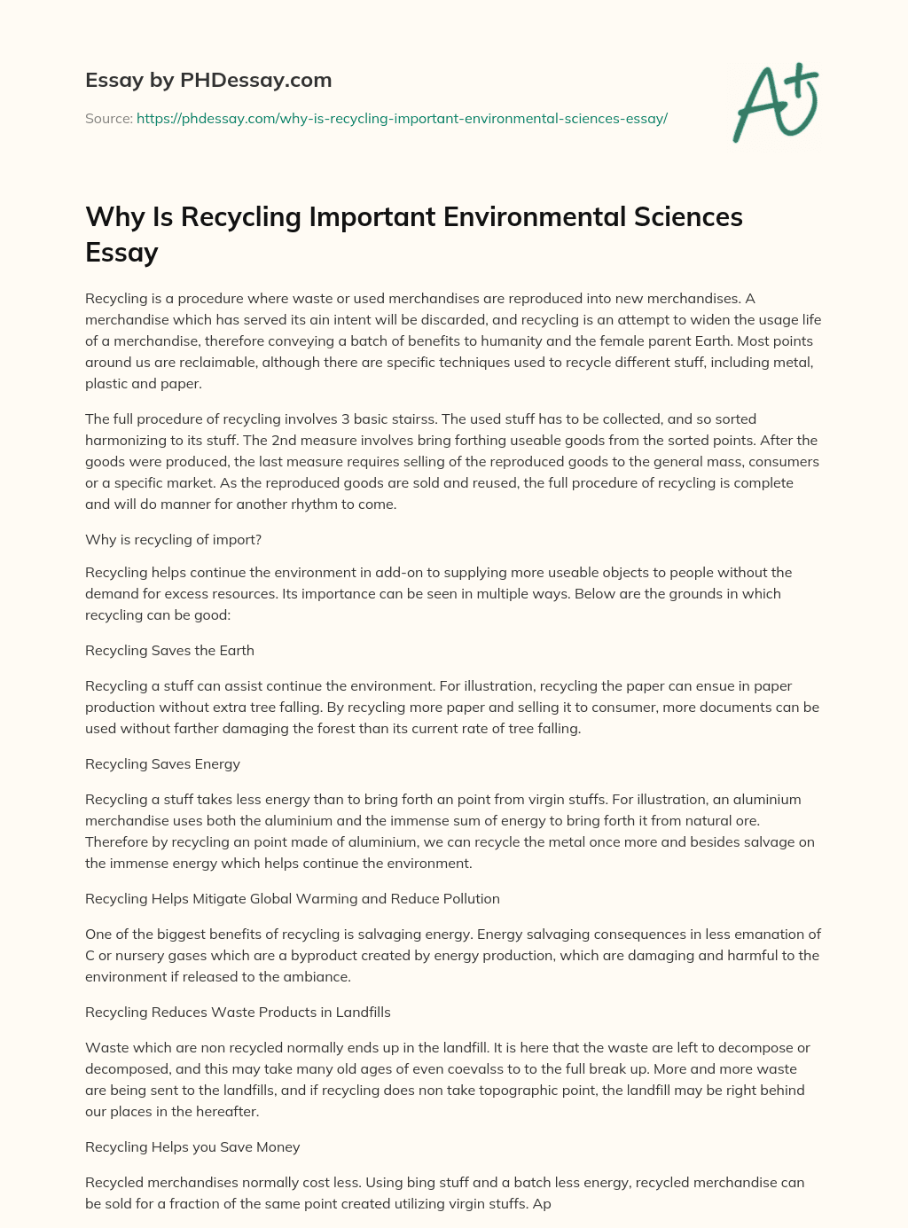 Why Is Recycling Important Environmental Sciences Essay - PHDessay.com