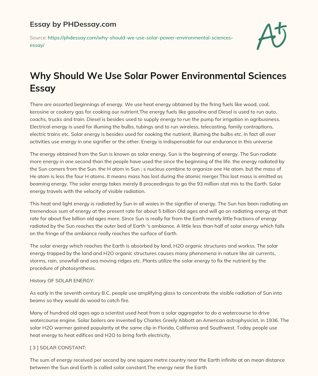 Why Should We Use Solar Power Environmental Sciences Essay - PHDessay.com