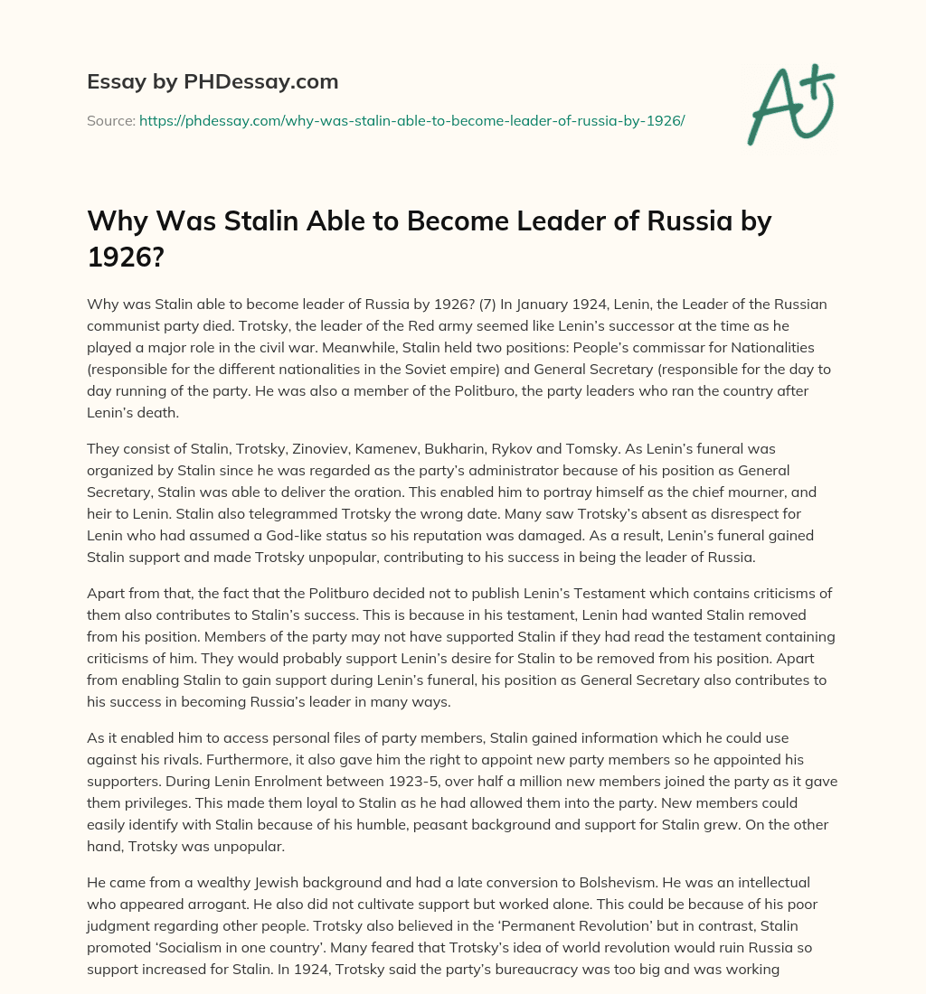 Why Was Stalin Able to Become Leader of Russia by 1926? - PHDessay.com