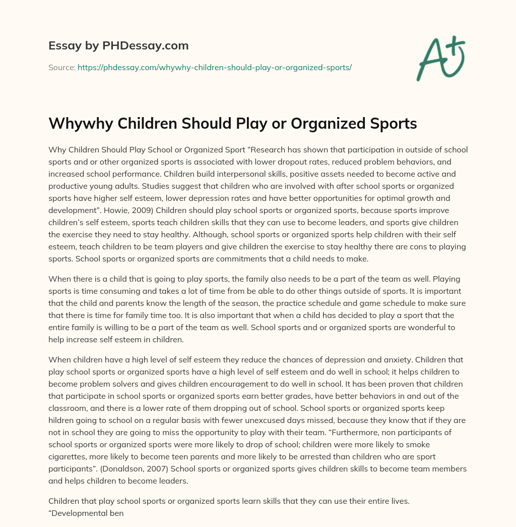 Whywhy Children Should Play or Organized Sports - PHDessay.com