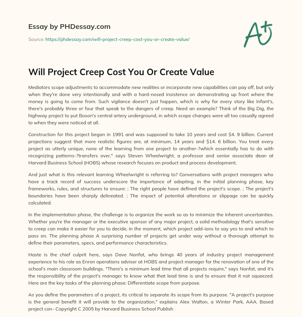 Will Project Creep Cost You Or Create Value - PHDessay.com