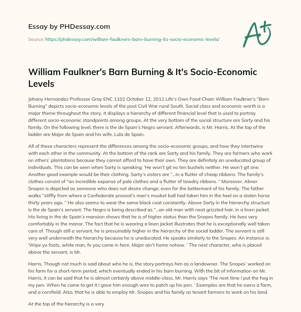 William Faulkner's Barn Burning & It's Socio-Economic Levels - PHDessay.com