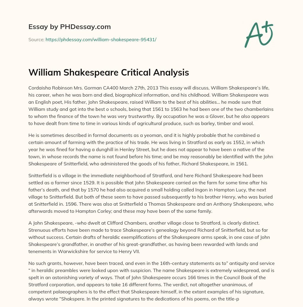 William Shakespeare Critical Analysis - PHDessay.com