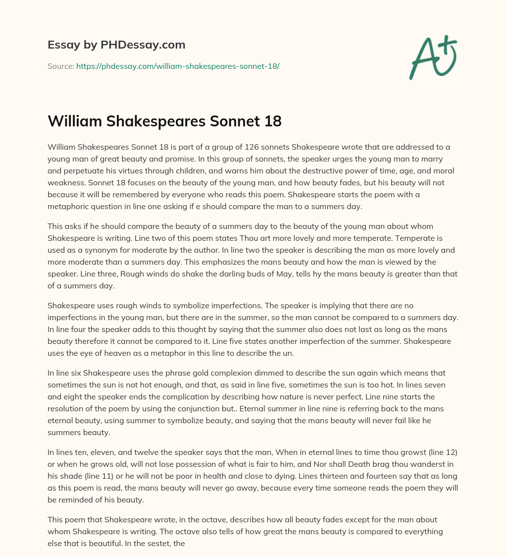 William Shakespeares Sonnet 18 (600 Words) - PHDessay.com