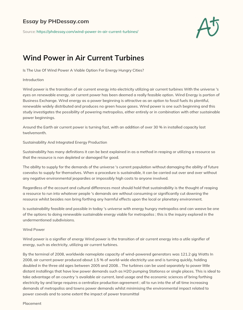 Wind Power in Air Current Turbines - PHDessay.com