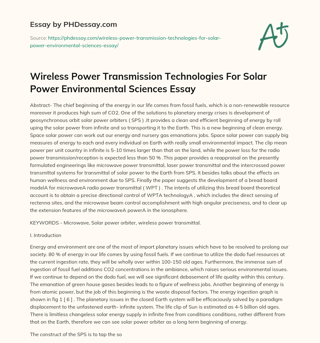 Wireless Power Transmission Technologies For Solar Power Environmental ...