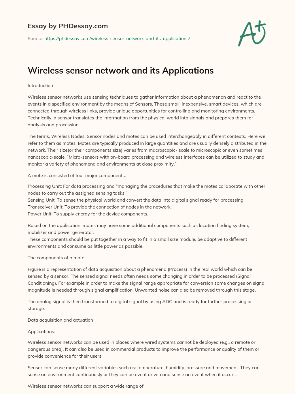 Wireless sensor network and its Applications - PHDessay.com