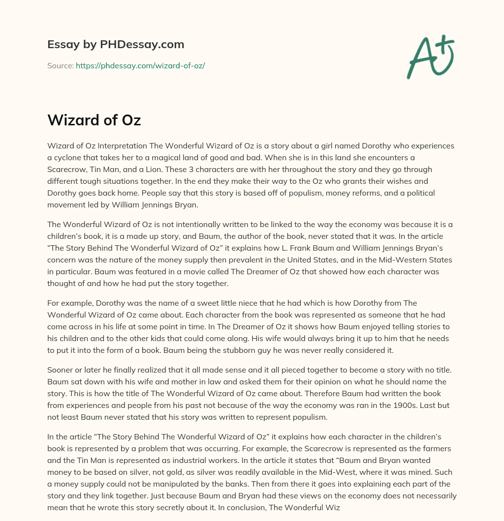 Wizard of Oz (600 Words) - PHDessay.com