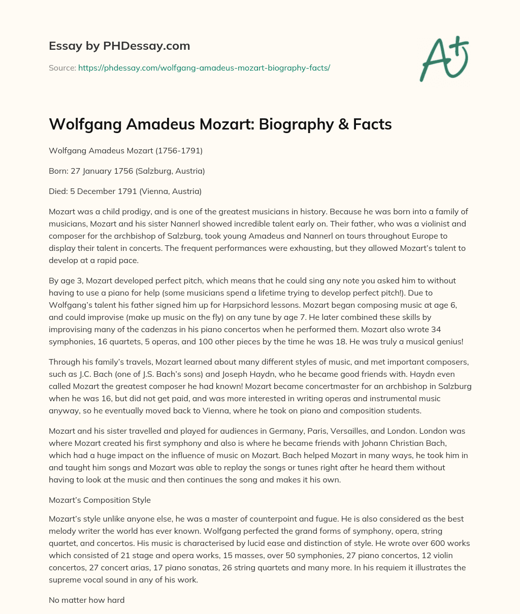 Wolfgang Amadeus Mozart: Biography & Facts - PHDessay.com
