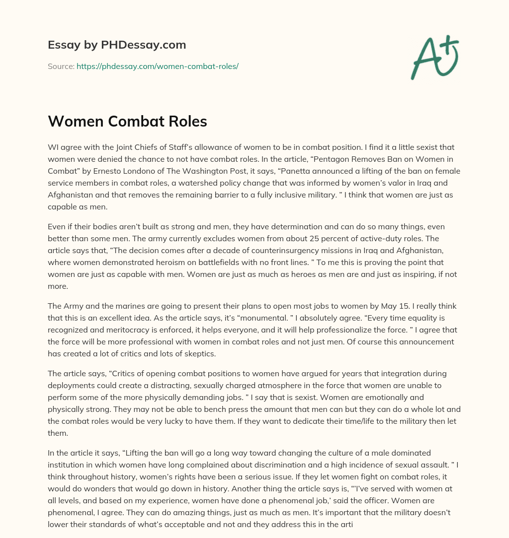 Women Combat Roles (600 Words) - PHDessay.com