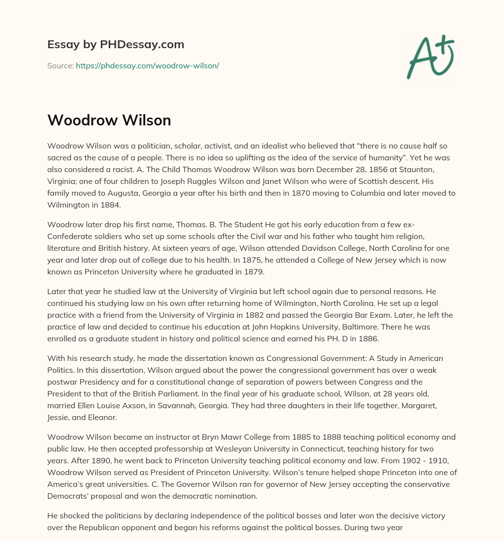 Woodrow Wilson - PHDessay.com