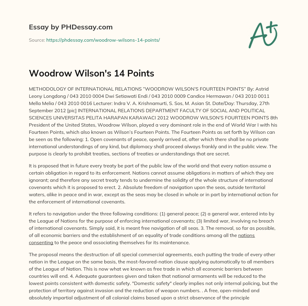 Woodrow Wilson's 14 Points - PHDessay.com