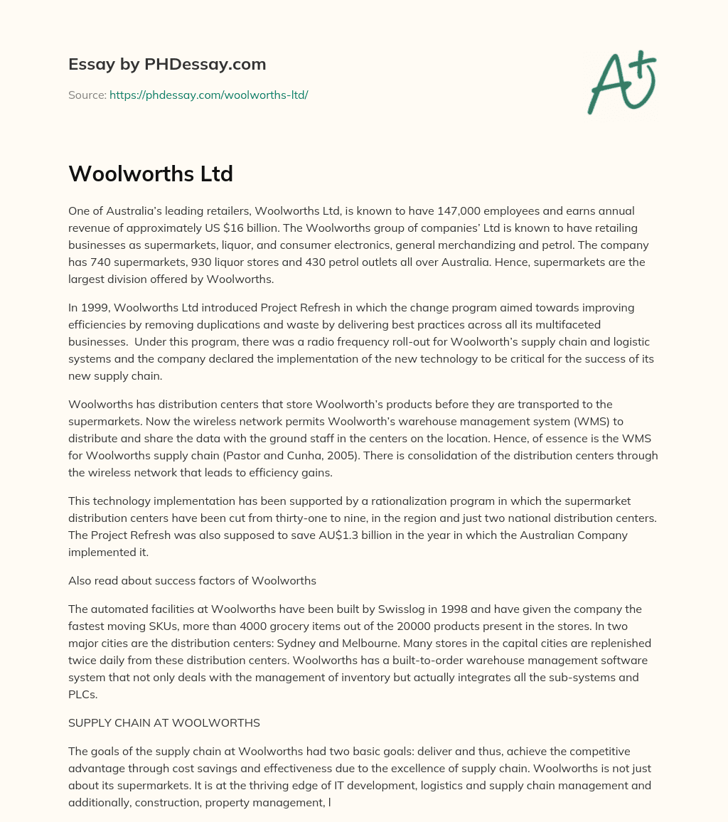 Woolworths Ltd Analysis Example - PHDessay.com