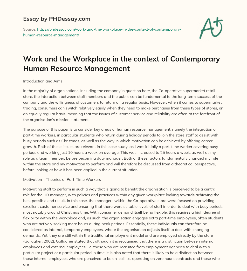 Work and the Workplace in the context of Contemporary Human Resource ...