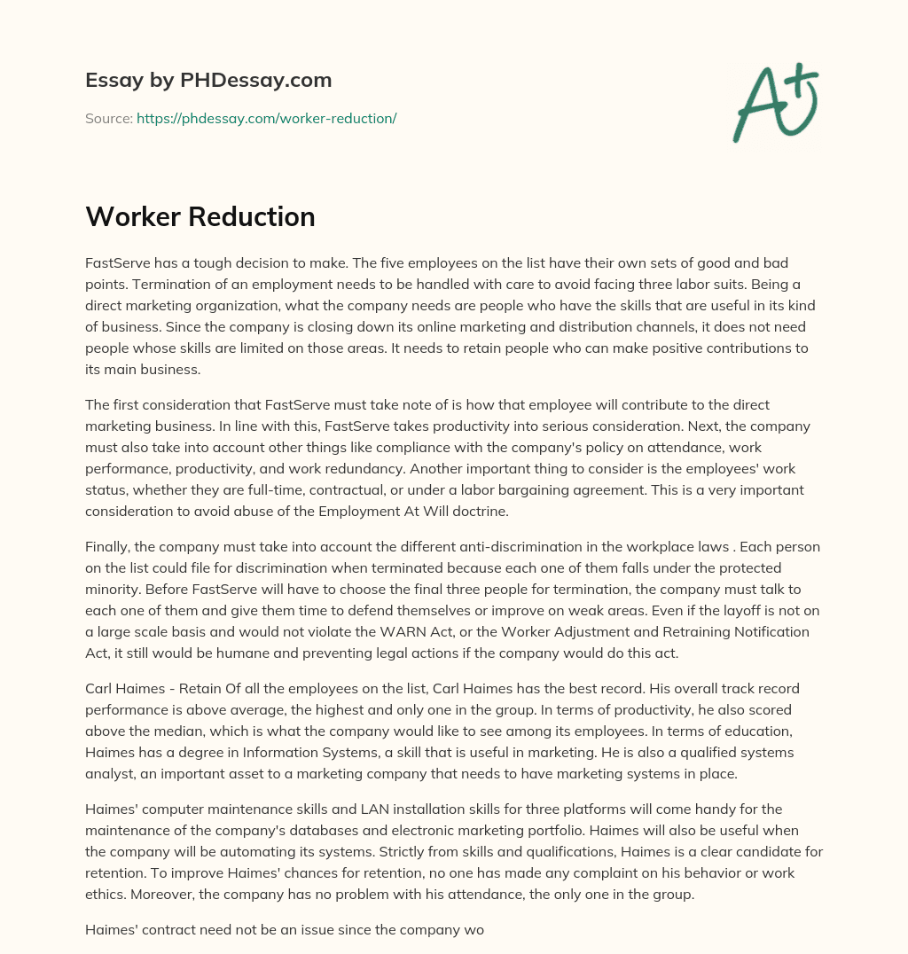 Worker Reduction - PHDessay.com