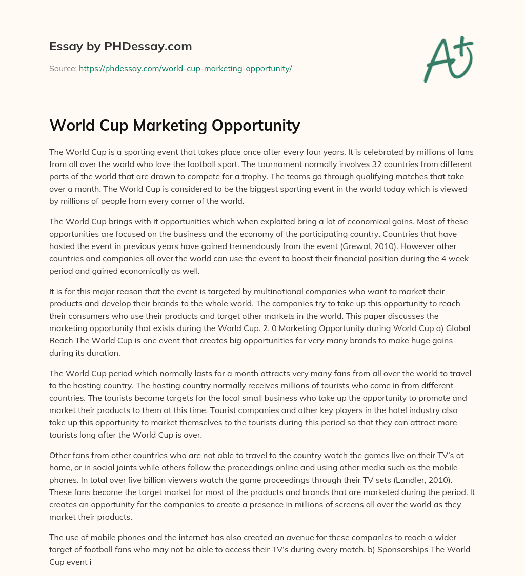World Cup Marketing Opportunity - PHDessay.com