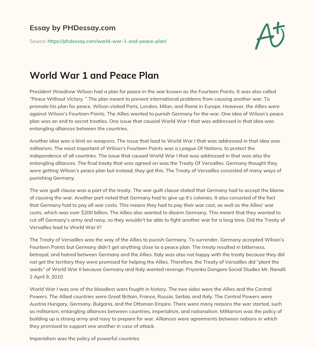 World War 1 and Peace Plan - PHDessay.com