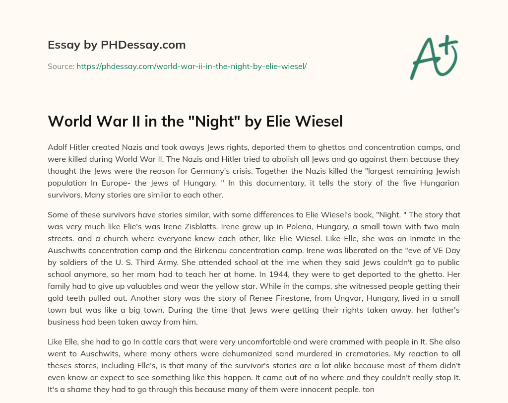 World War II in the "Night" by Elie Wiesel (400 Words) - PHDessay.com