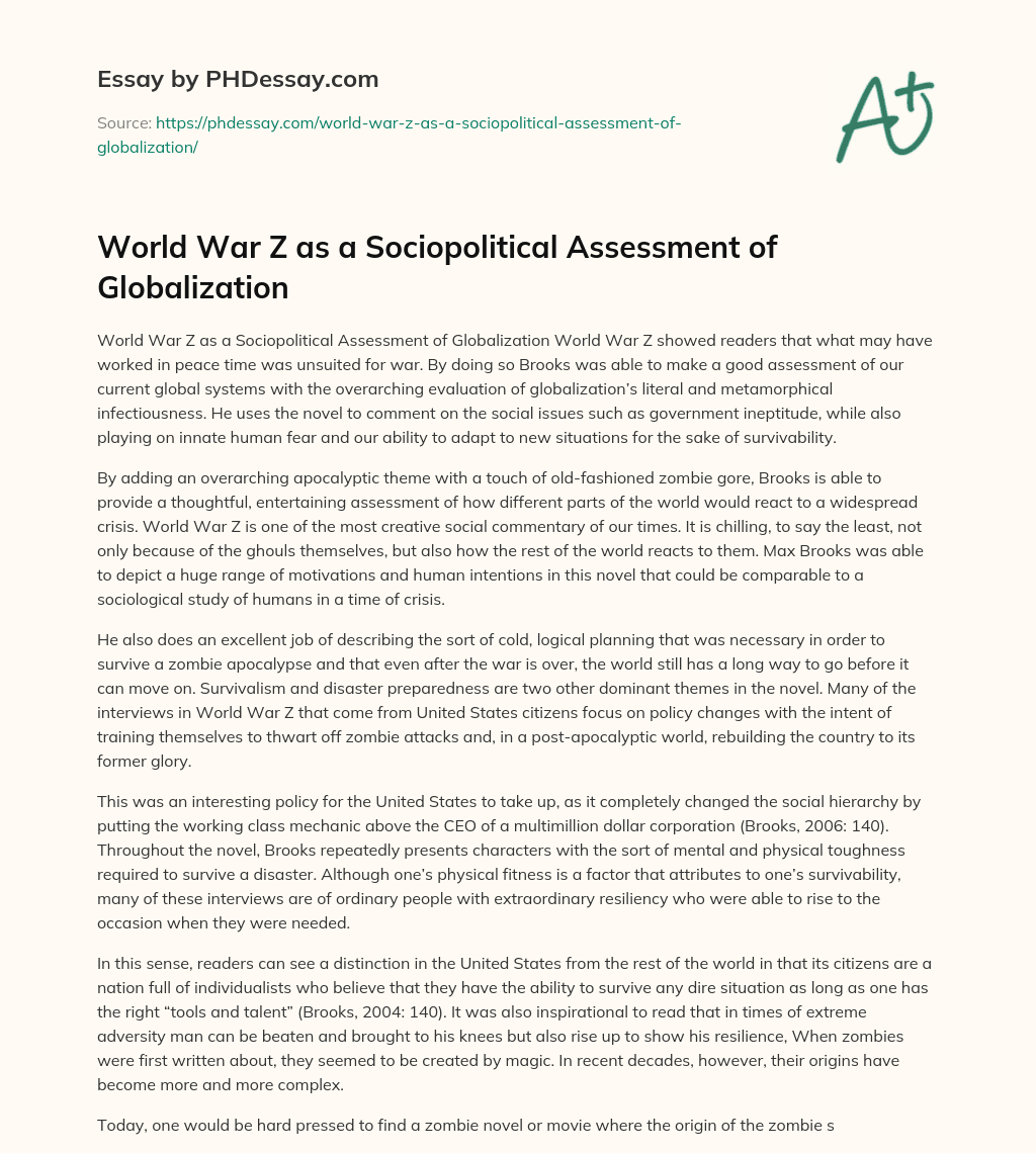 World War Z as a Sociopolitical Assessment of Globalization - PHDessay.com