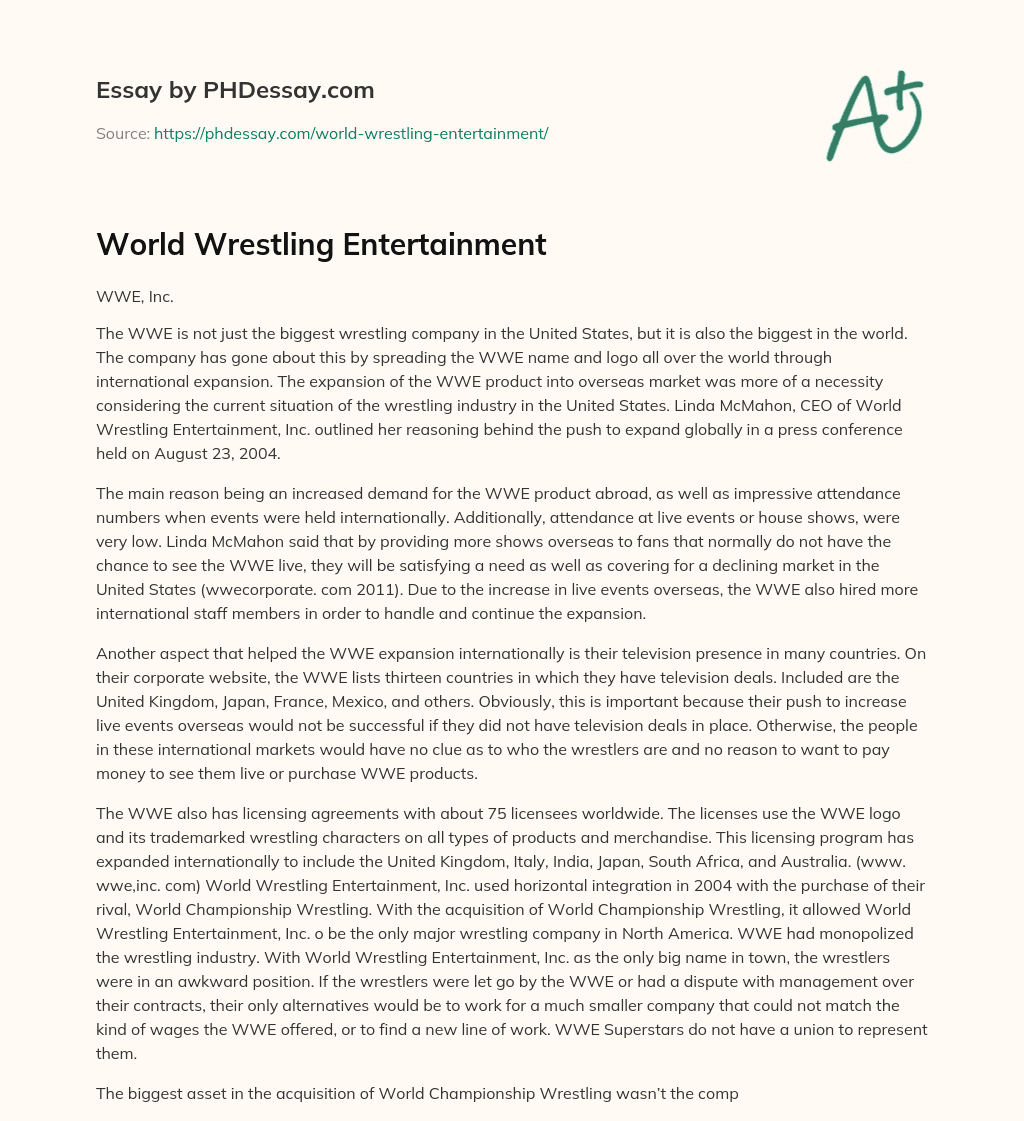 World Wrestling Entertainment - PHDessay.com