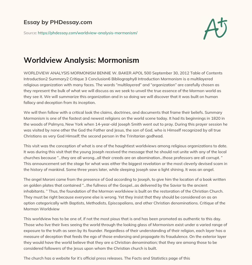 Worldview Analysis: Mormonism - PHDessay.com
