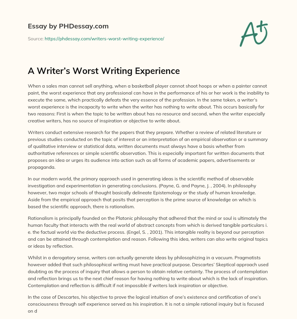 A Writer’s Worst Writing Experience (600 Words) - PHDessay.com