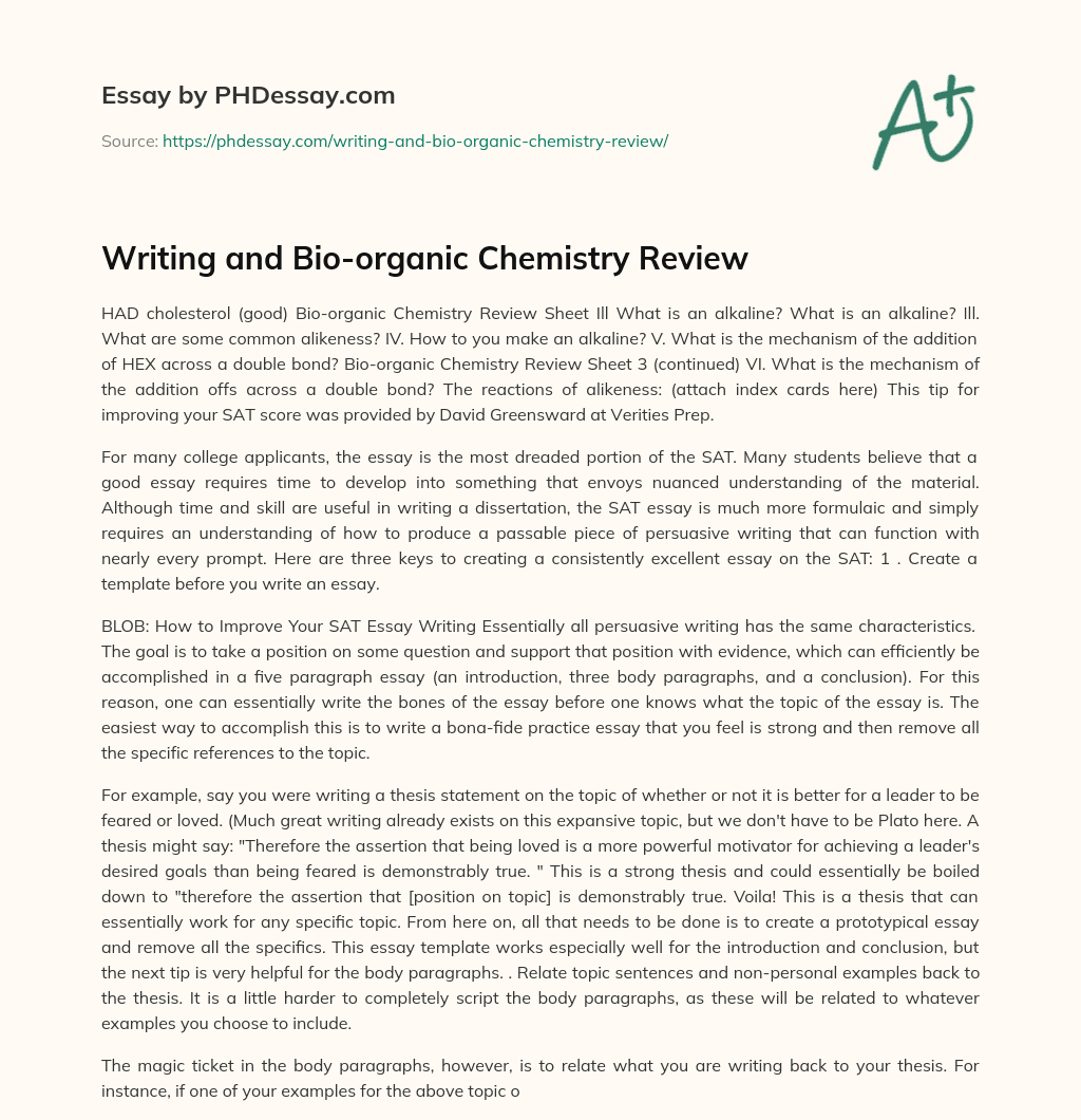 Writing And Bio-Organic Chemistry Review Essay Example - PHDessay.com