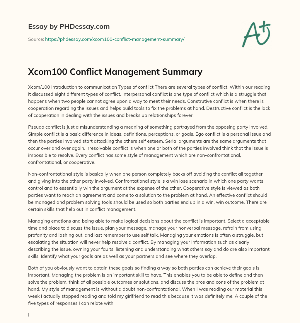 Xcom100 Conflict Management Summary (600 Words) - PHDessay.com