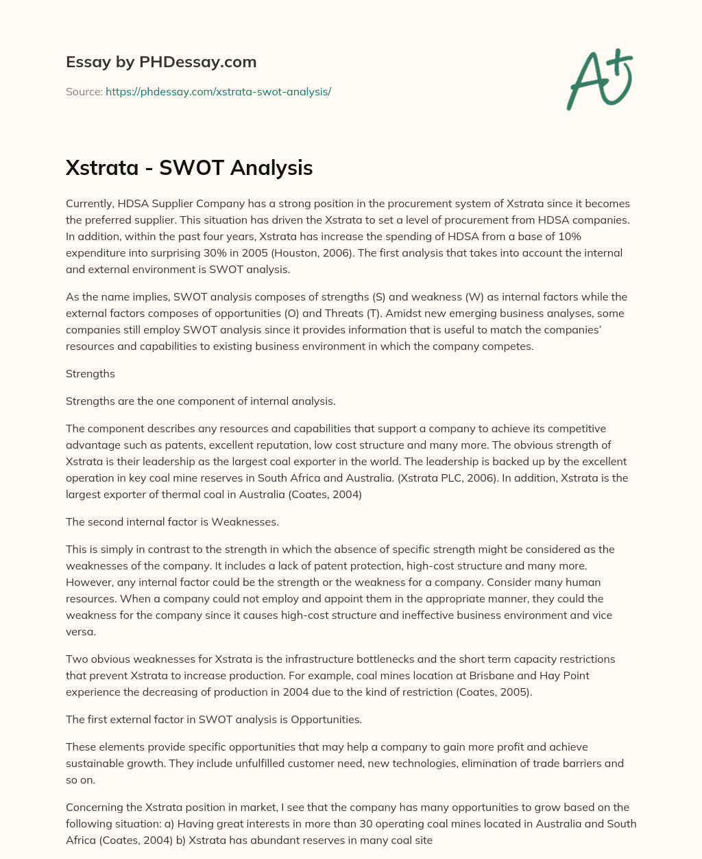 Xstrata - SWOT Analysis (600 Words) - PHDessay.com
